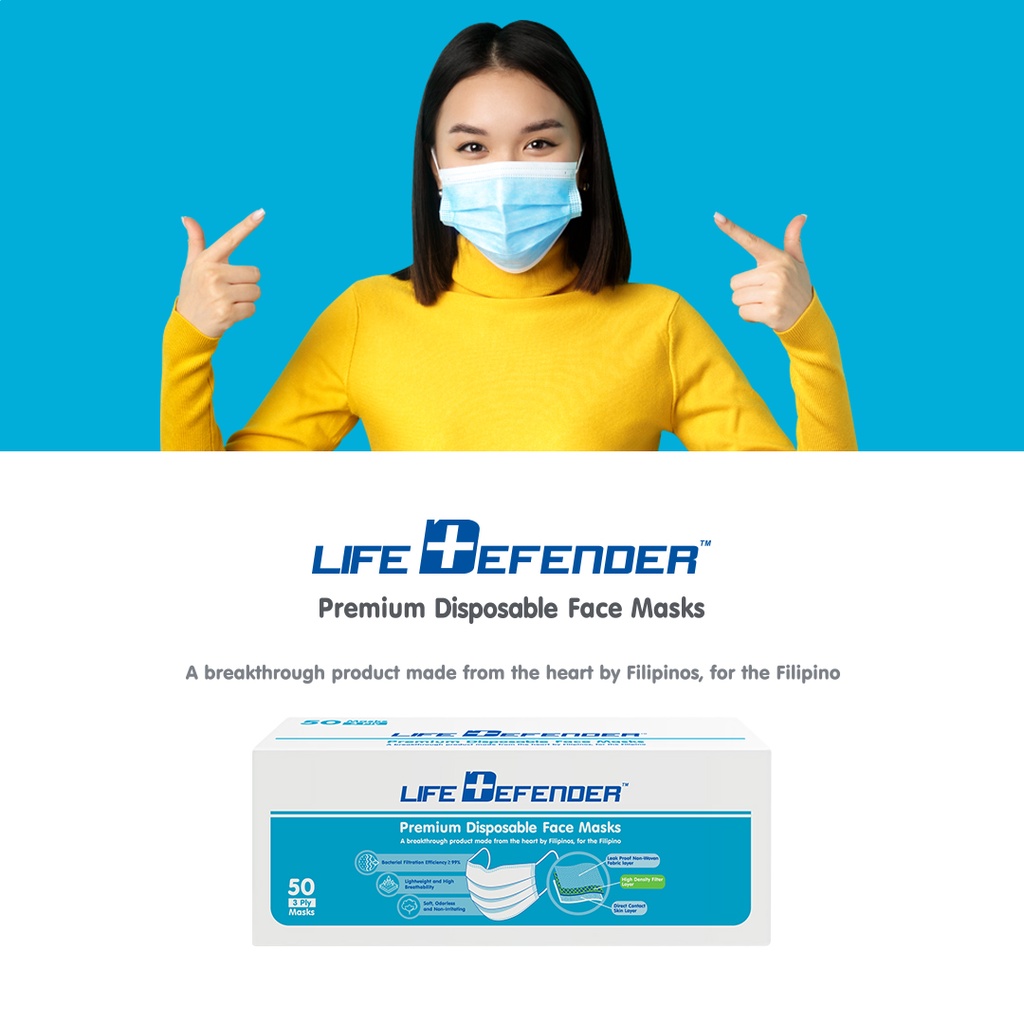 LIFE DEFENDER PREMIUM DISPOSABLE FACE MASKS 3 PLY (50 pcs) - BLUE ...