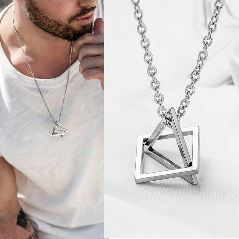 Silver Stainless Steel Square Triangle Interlocking Pendant Necklace ...