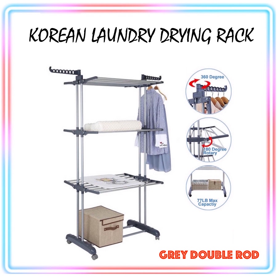 Korean Foldable 3 Tier Clothes Drying Rack Rolling Collapsible Laundry ...