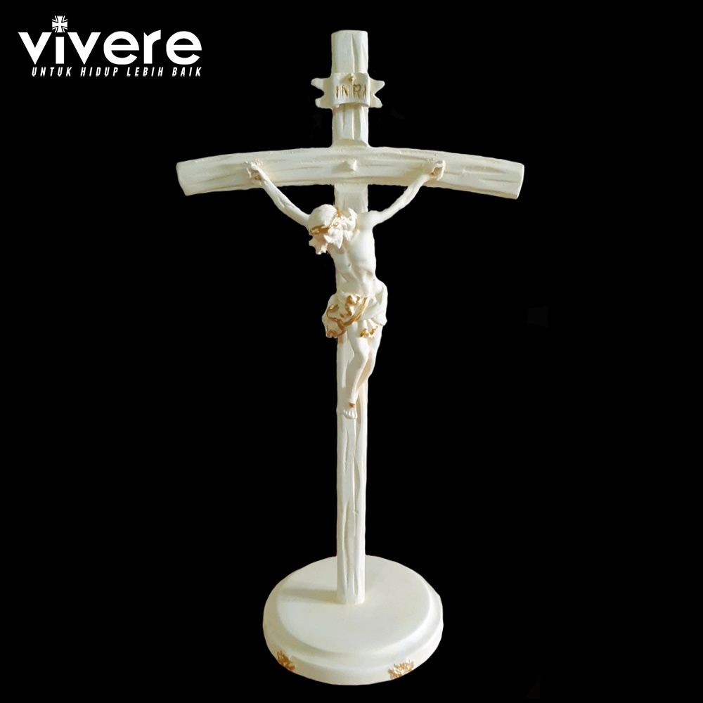 KAYU PUTIH Jesus Cross With White Wood Pattern Gold List Sitting 34cm ...