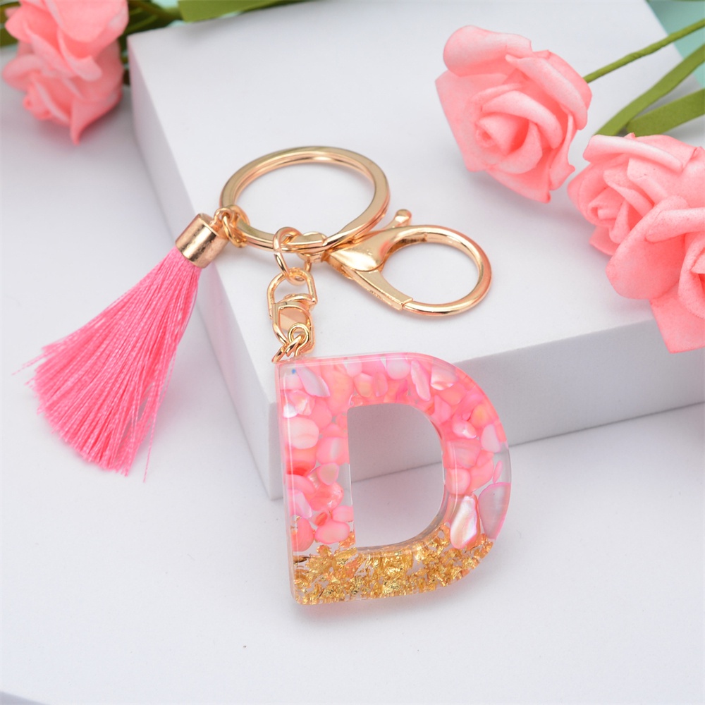 Pink Tassel Gold Foil 26 Letter Pendent Keychain for Women Resin ...