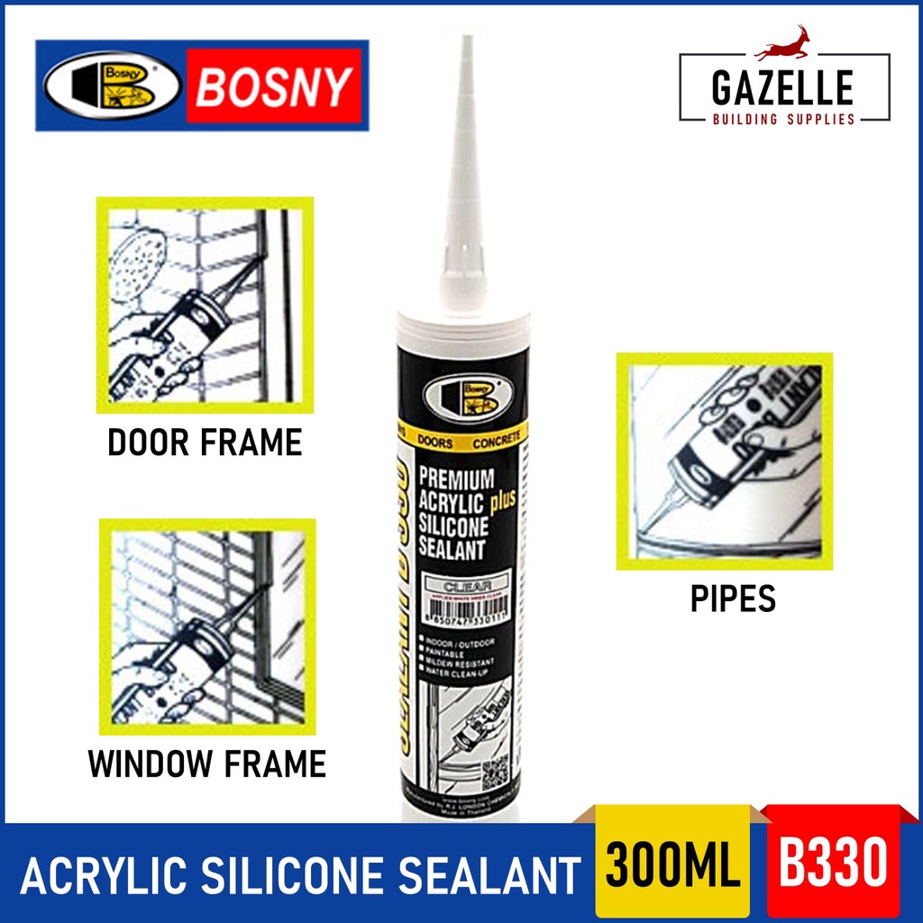 Bosny Premium Acrylic Plus Silicone Sealant B330 300ml Paintable Prosil - Clear / Black / White ...