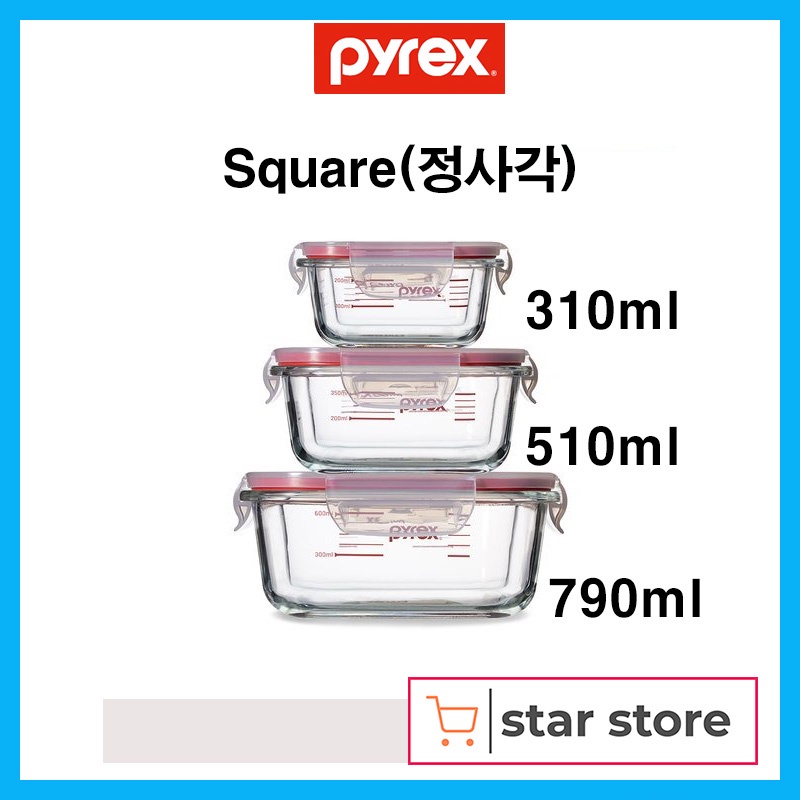Pyrex MEASUREMENT(NEW) Glass Airtight Container Square 310ml,510ml,790ml SET SALE /korea ...