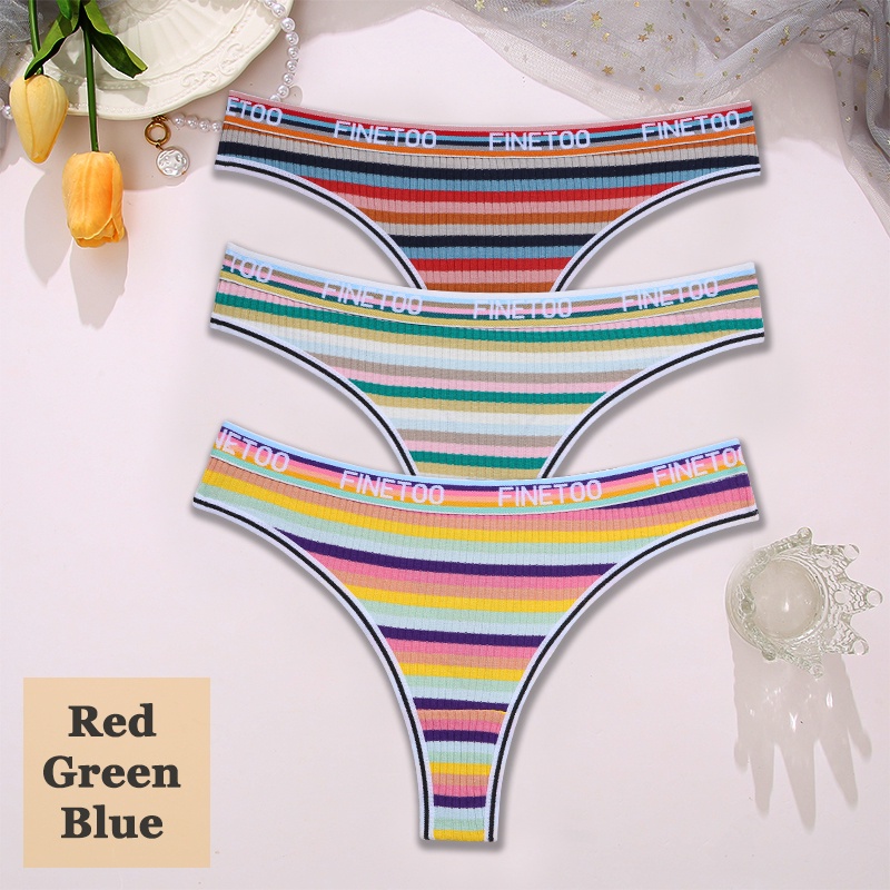 Finetoo 3 Pcs/Set Colorful Striped Cotton Women G-String Underwear ...
