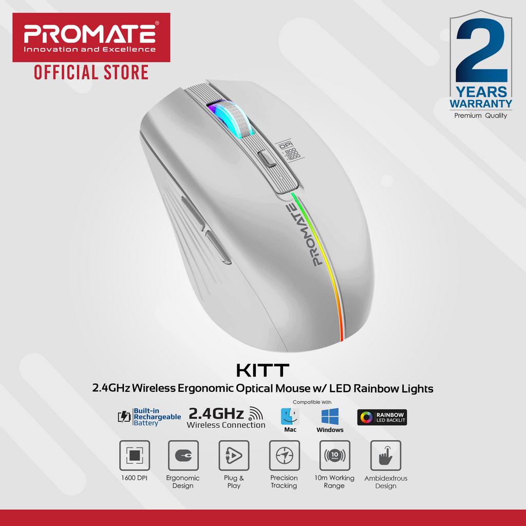 Promate Kitt 2.4GHz Wireless Ergonomic Optical Mouse with LED Rainbow ...