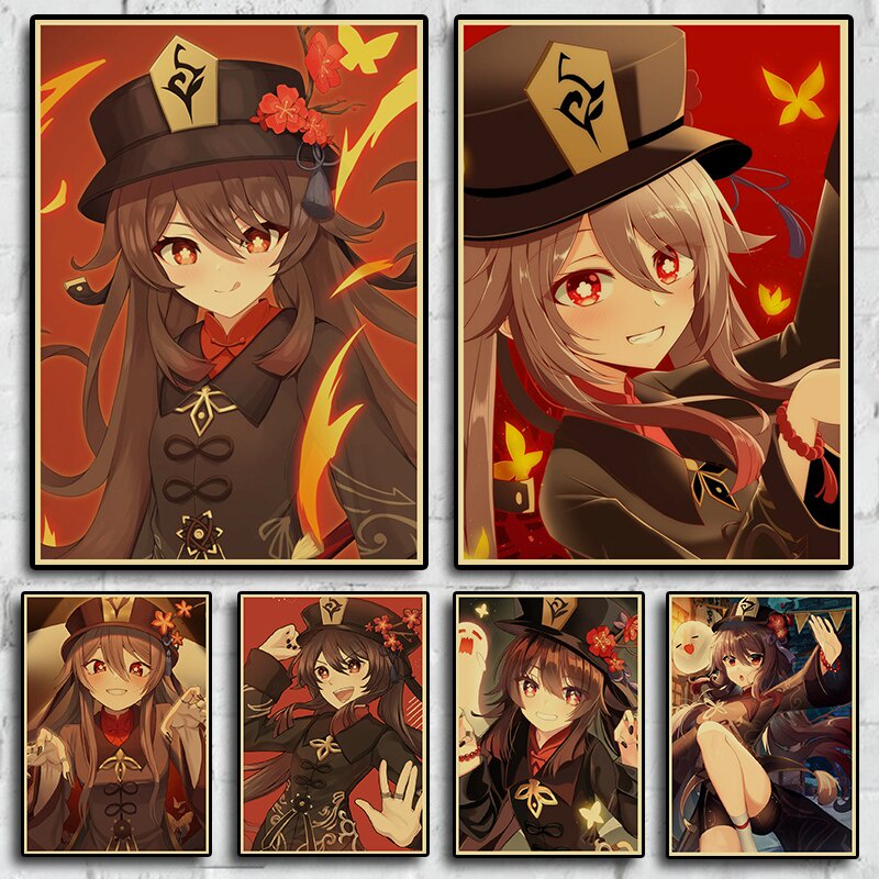 Genshin game character Hutao poster picture retro art decoration mural ...