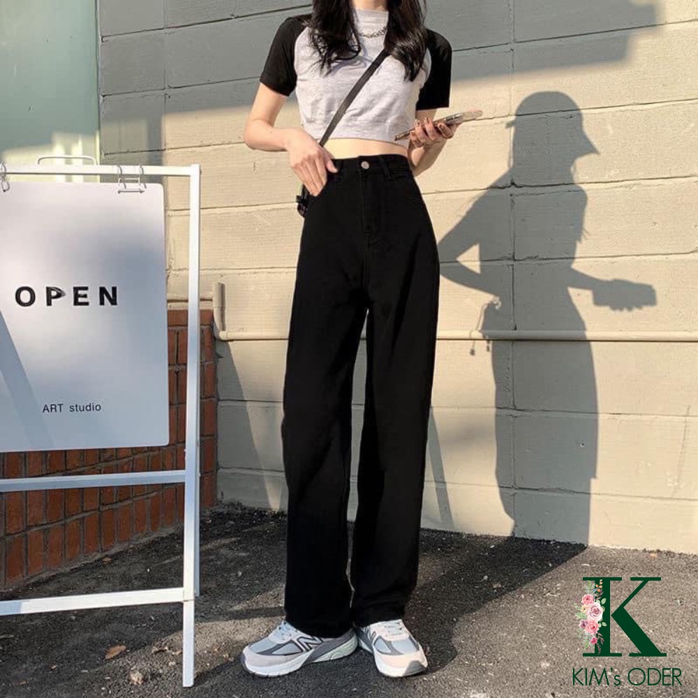 Ulzzang style basic black wide-leg women's jeans in two versions, plain ...