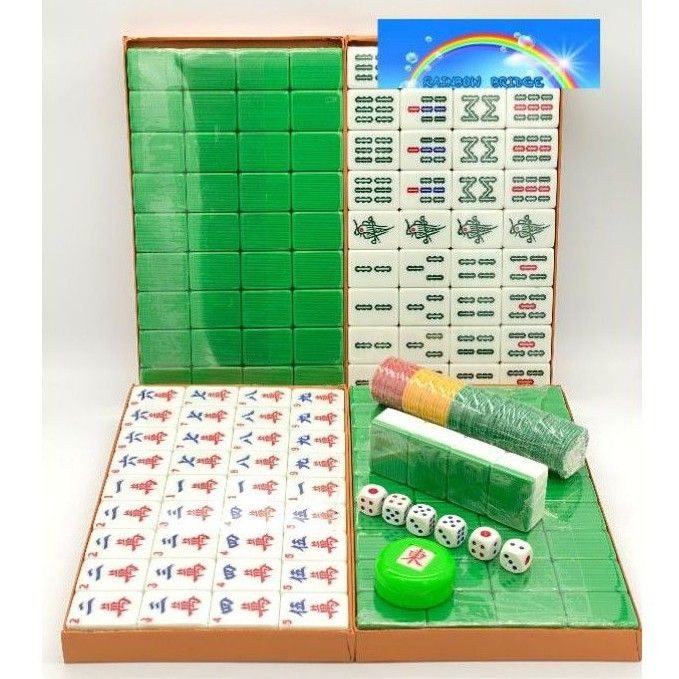 MAHJONG SET (New-BLUE-GREEN-IVORY WHITE-YELLOW-Large) #No.6.5 With ...