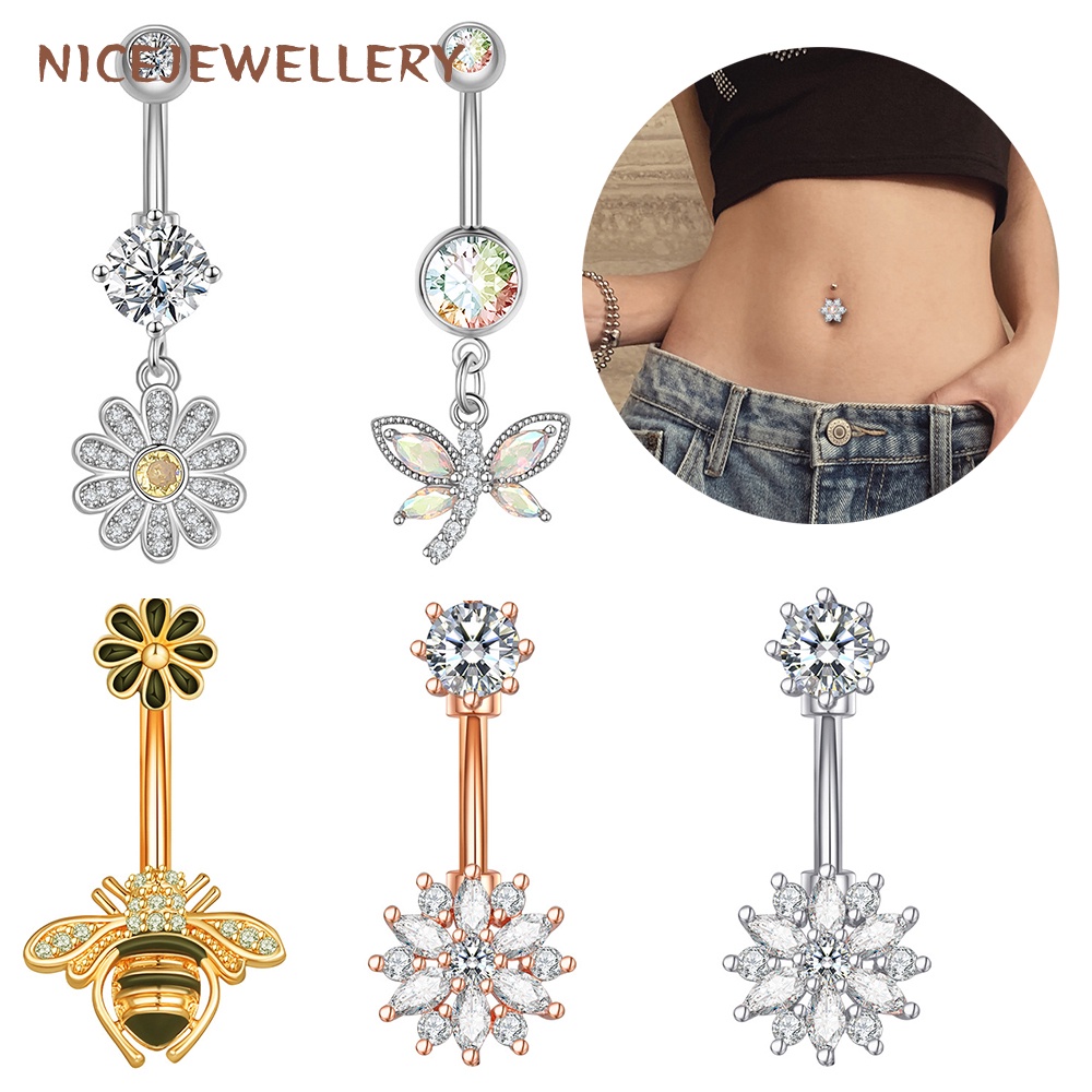 Dragonfly Dangle Navel Rings 14G Flower Pendant Belly Piercings 316L Stainless Steel Navel ...