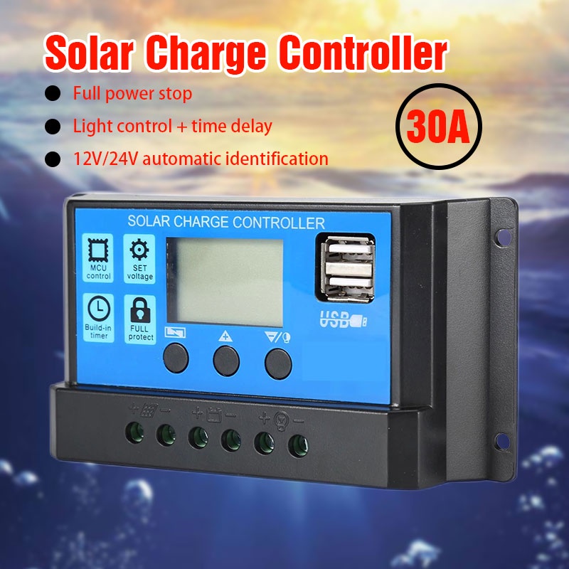 30A PWM 12V/24V Solar Panel Regulator Charge Controller Solar Charger Dual USB LCD Display ...