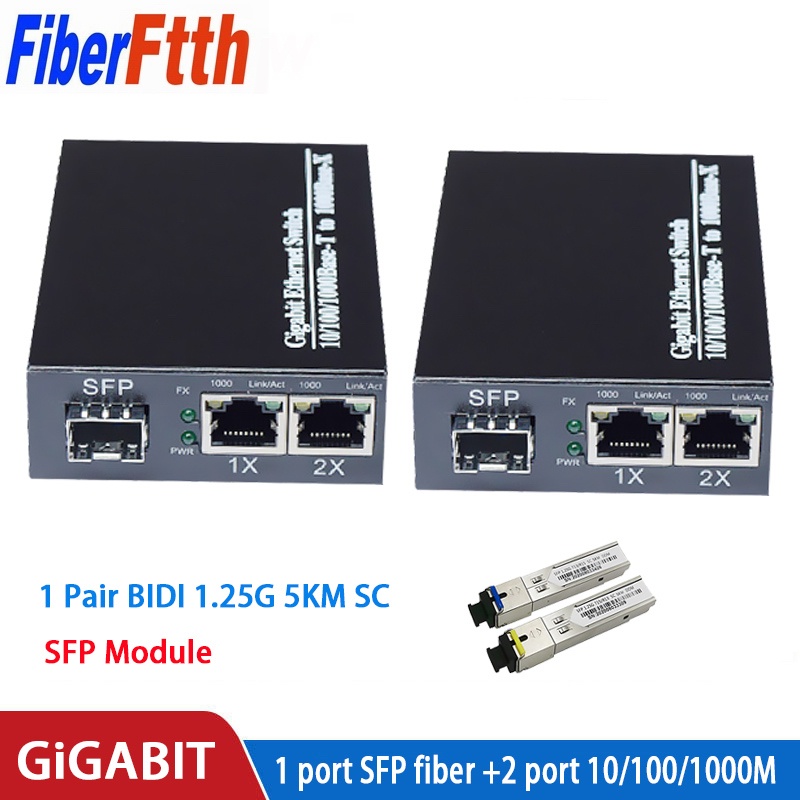 1 Pair 10/100/1000M Fiber Optical Media Converter 1 Port SFP to 2 RJ45 ...