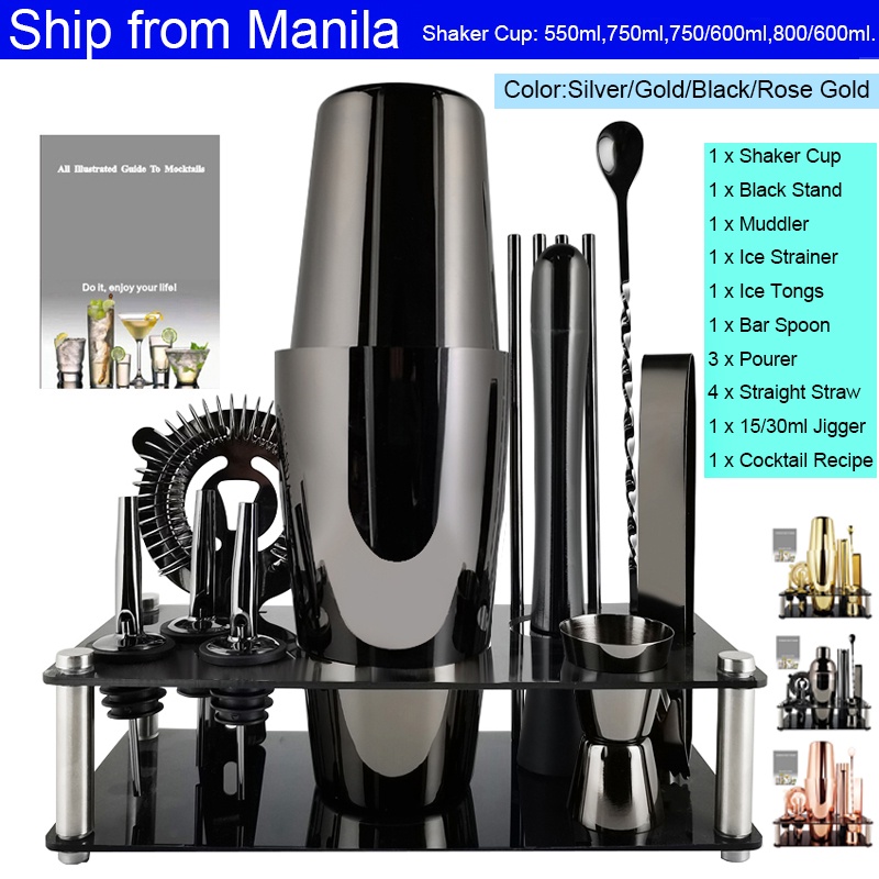 [Ship Local] 14Pcs 750/600ml Black/Rose Gold Steel Cocktail Shaker ...