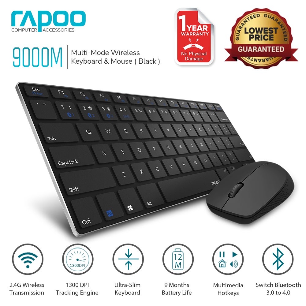 Rapoo 9000M/9010M Ultra Slim Wireless Keyboard and Mouse Set Bluetooth ...