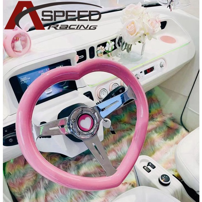 Girly Pink Car Interior Silver Chrome Spoke Heart Shaped Steering Wheel ...