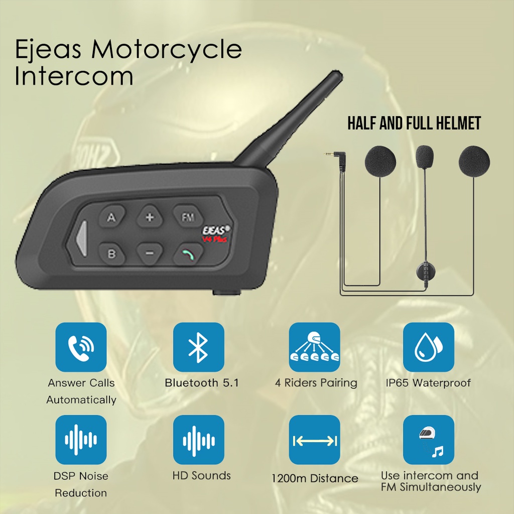 EJEAS V4 Plus Motorcycle Helmet Intercom Motor 4 Riders Full Duplex FM ...