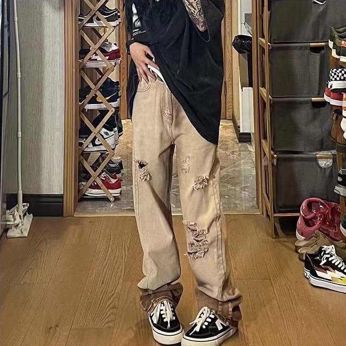 【Ready Stock】S-3XL Korean style plain Khaki ripped straight jeans for ...