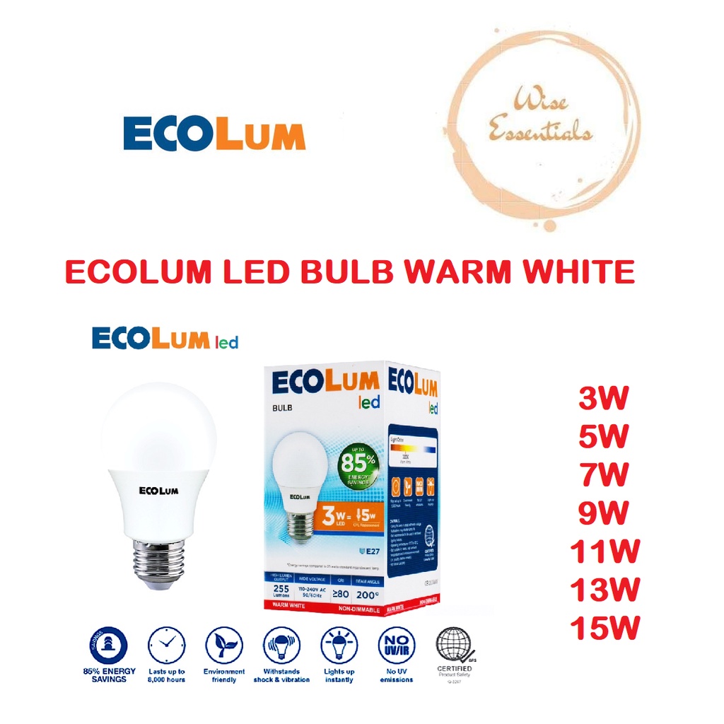 ECOLum LED Light Bulb WARM WHITE 3W, 5W, 7W, 9W, 11W, 13W, 15W | Shopee ...