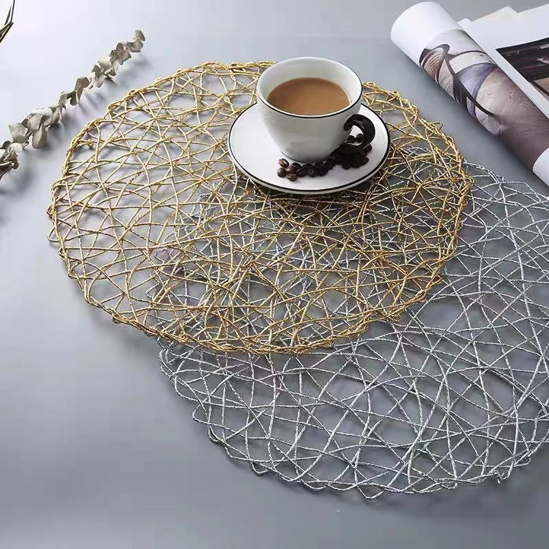 38CM Placemat Woven In Gold Metallic String Straw Round Hollow Out ...