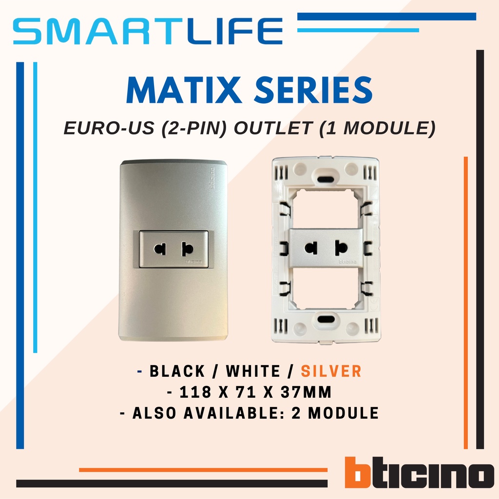 Bticino Matix 1 or 2 Gang 2-Pin Universal Socket Outlet Euro-Us 16A 250V with Safety Shutter ...