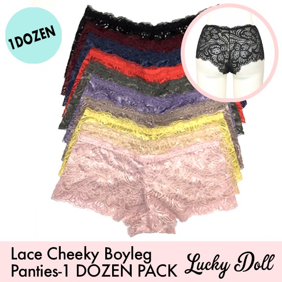 LuckyDoll® 1 dozen Pack Lace Cheeky Boyleg Boyshort panty Assorted ...
