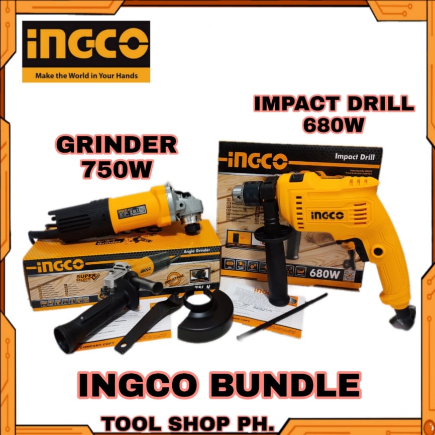 INGCO power tool sets (Angle grinder 750w AG750282 + Impact drill 680w ...
