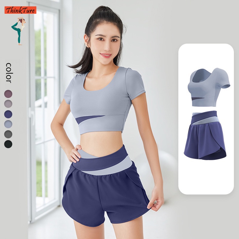 Thinkture Contrast Color Fitness Suit Anti-glare Fake Two-piece Quick ...