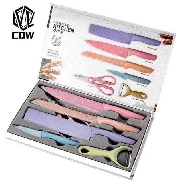 CQW 6PCS Kitchen Knife Set Colorful Stainless Steel Cleaver Scissor ...