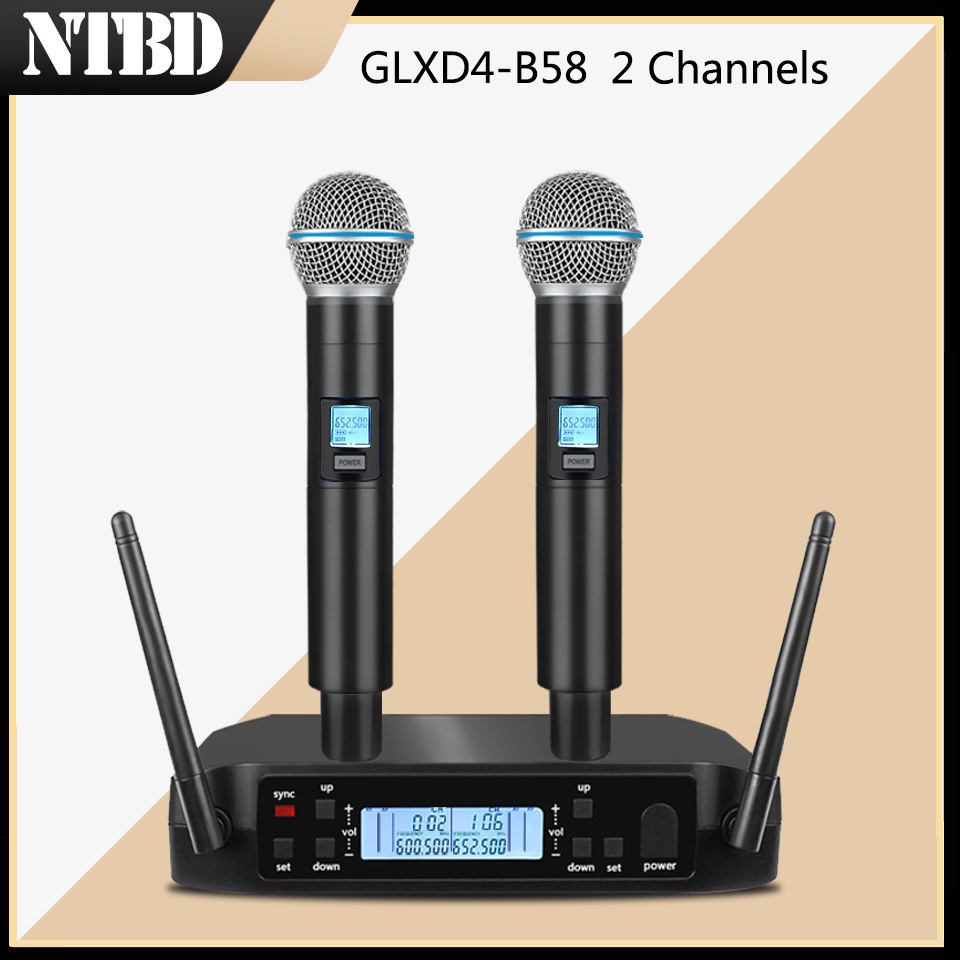 NTBD GLXD4 Stage Performance Karaoke 600-699mhz UHF Professional Dual Wireless Microphone System ...