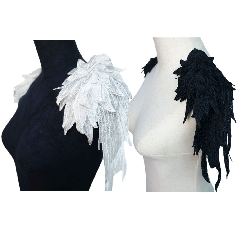 2PCS Black White Feather Wings Fabric Embroidery Gown Appliques Collar ...