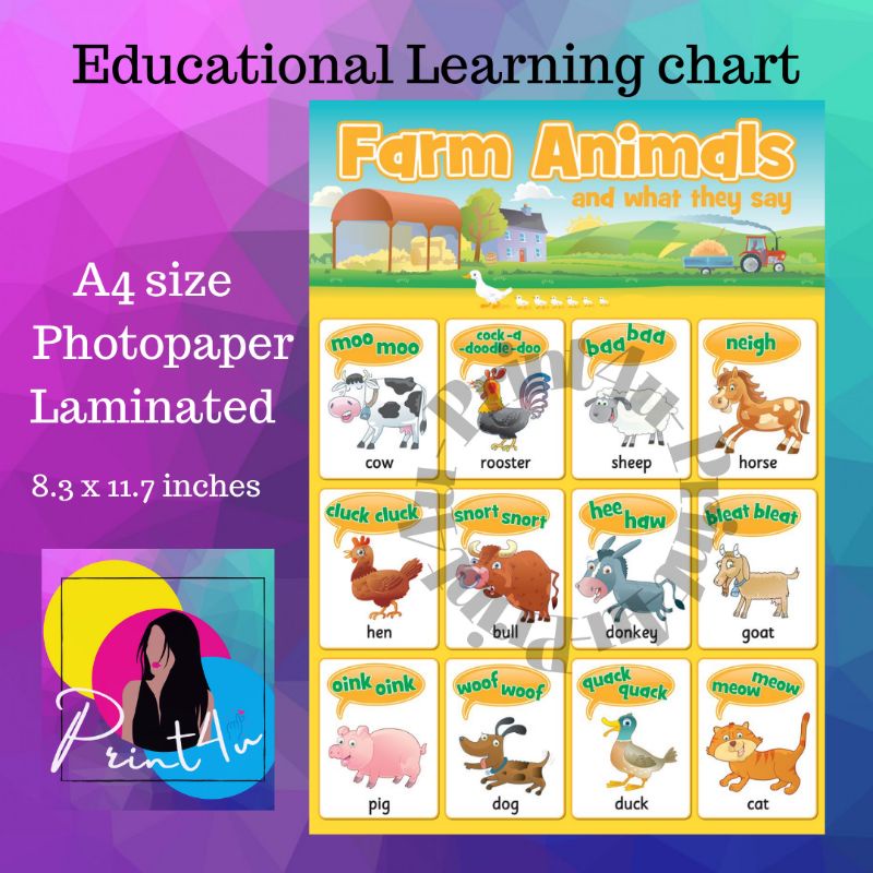 Farm Animals Kids chart Laminated - a4 | Shopee Philippines