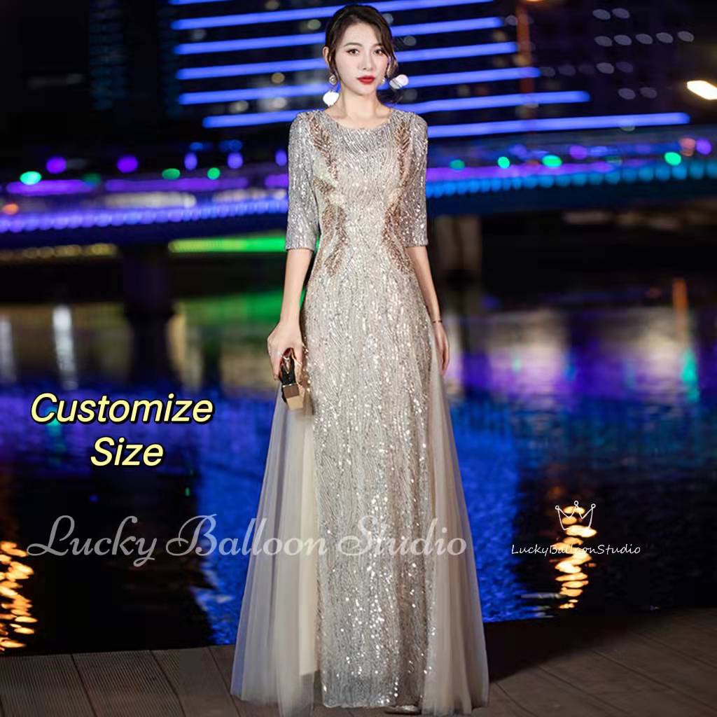 Customized Women Sequined Champagne Gold Evening Gwon Long Pale Gold ...