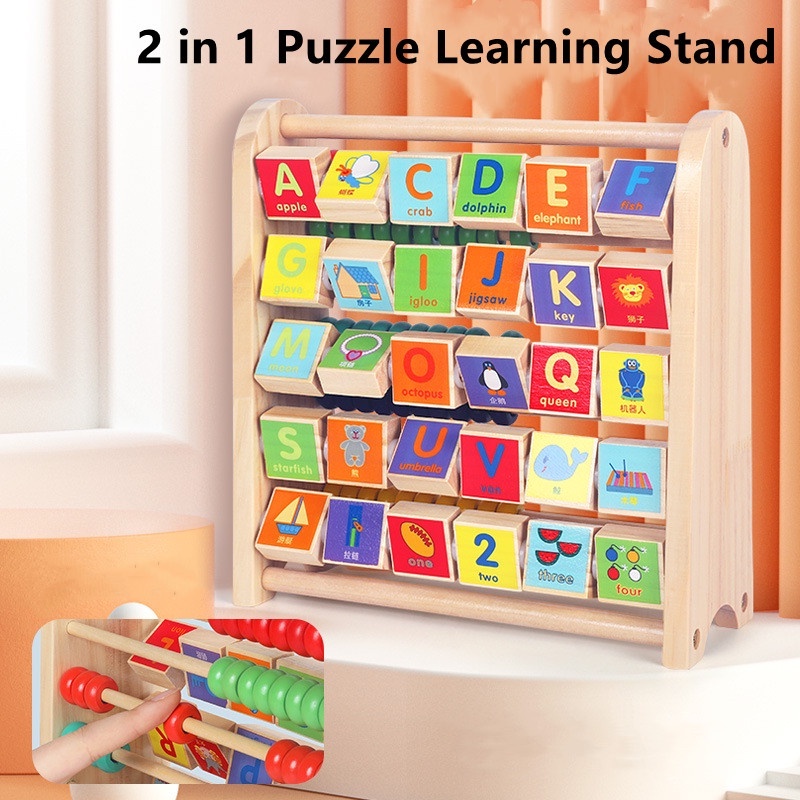 Wooden multifunctional children's picture learning math English 2 in 1 ...