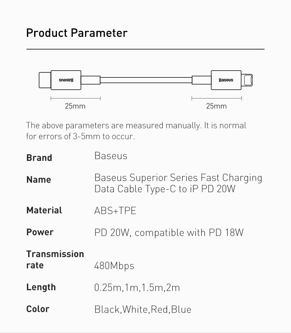 Baseus PD 20W Fast Charge Cable Compatible For iPhone 14 13 12 Pro Max ...