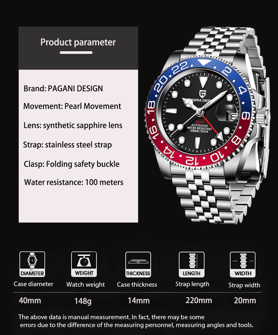 Pagani design original 40mm GMT Luxury Men Automatic Mechanical Wristwatch Japan Seiko NH34 ...