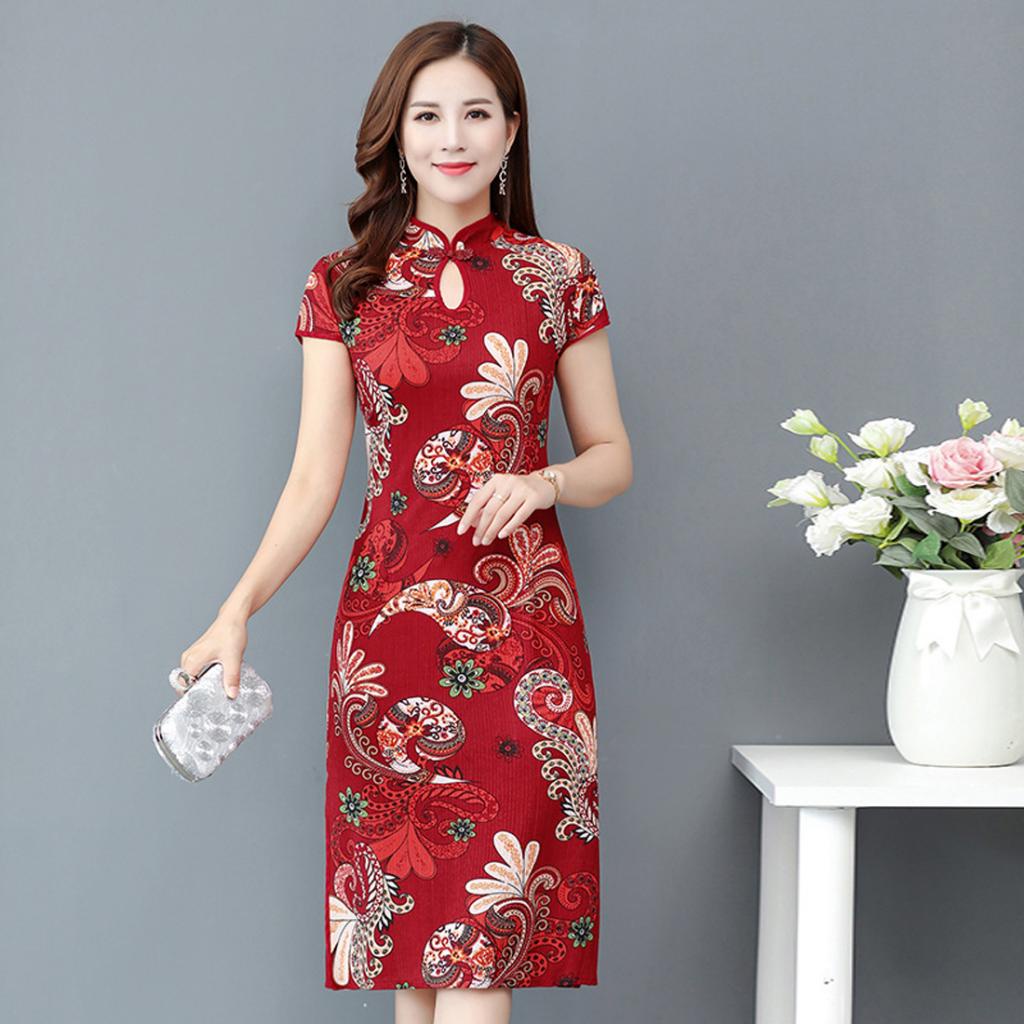 Bayline-Women Chinese Dress Midi Length Cheongsam Vintage Pattern Side ...