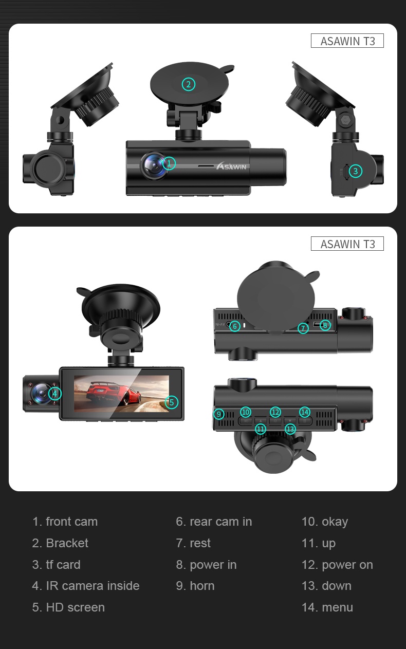 Asawin T3 3 Channels Dash Cam 3 Ways Car Camera Front And Rear Inside 3 ...