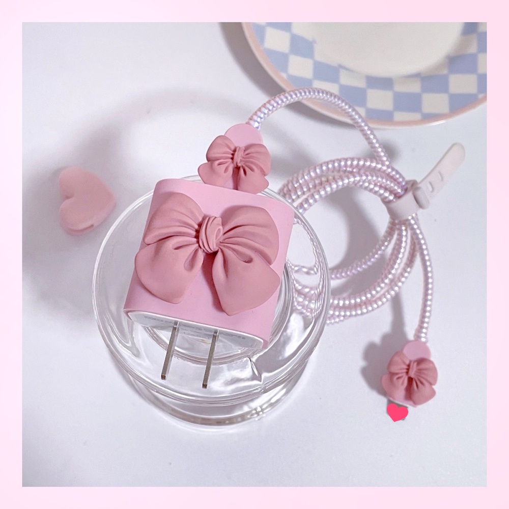 Charger Cover Charging Cable Protector Pink Bow Adatper Case Compatible ...