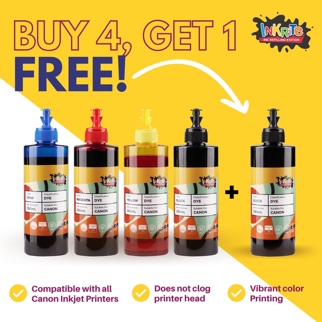 [BUY 4 GET 1 FREE] Inkrite Ink for Canon Inkjet Printers, 250 ml ...