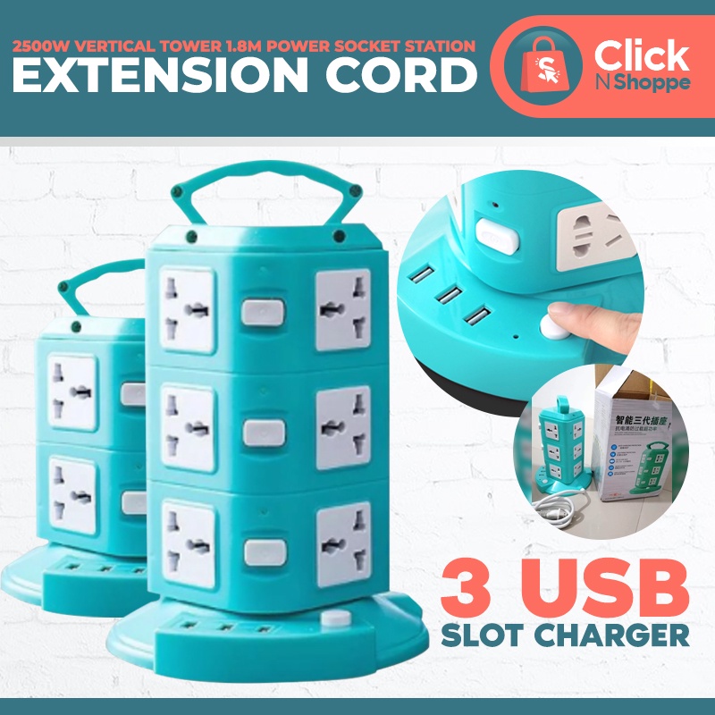 2500W Vertical Tower 1.8M Extension Cord Power Socket Station with 3 ...