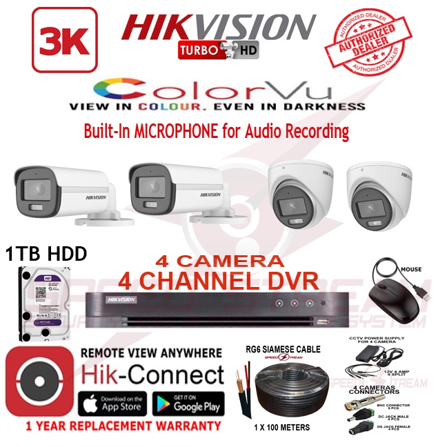 Hikvision Colorvu 3K 4 Camera 4 Channel DVR 1TB HDD RG6 Siamese Package ...