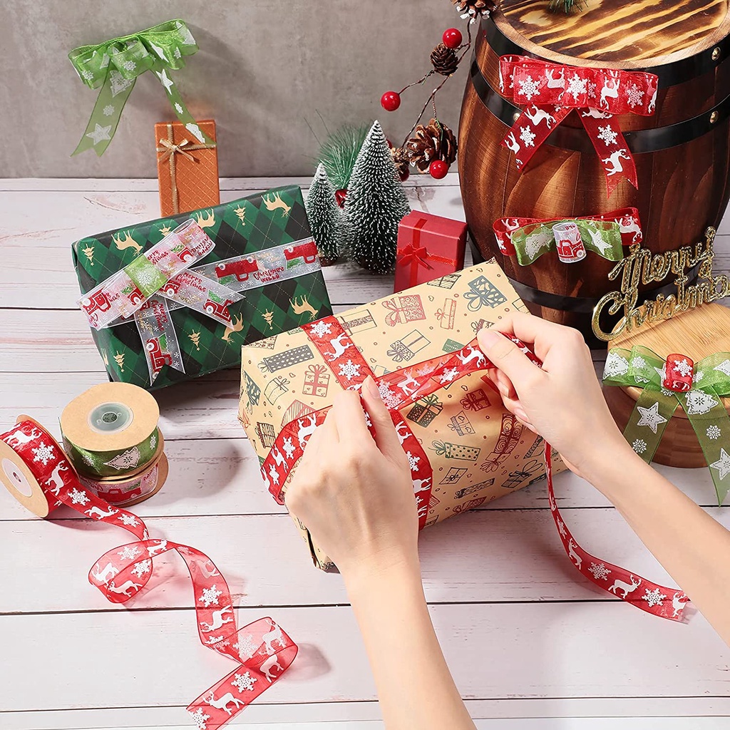 10 Meters Ribbon 1'' (25mm) Snowflake Reindeer Wired Sheer Glitter ...