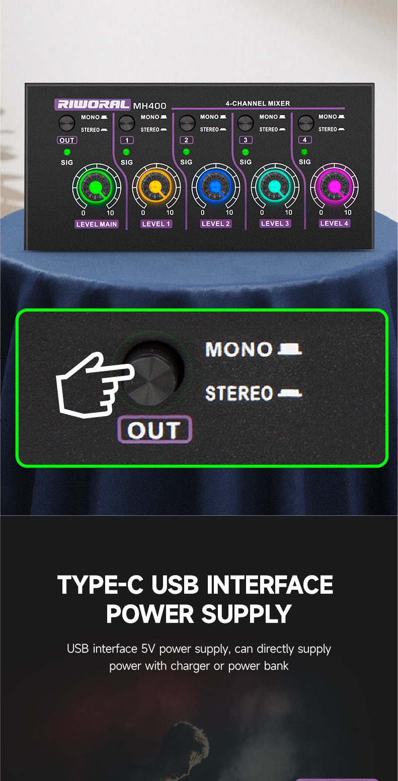 Mini Audio Mixer Stereo / Mono 4 Channel 1/4 Inch TSR/TS Audio Input Jack For Line Mixer Stereo ...