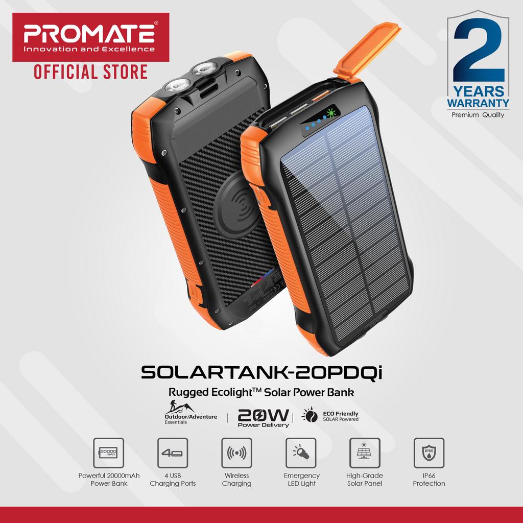 Promate SolarTank-20PDQi 20000mAh Rugged EcoLight™ Solar Power Bank ...