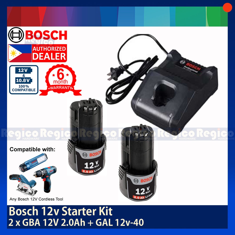 BOSCH 12v Battery Charger Starter Kit GBA 12v 2.0 Ah & GAL12v-40 Bosch ...