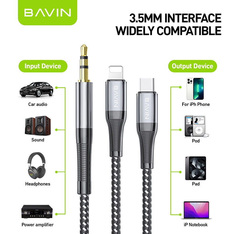 BAVIN AUX29 iPh to 3.5mm Jack Audio AUX Cable w/ Stereo Sounds Mic ...