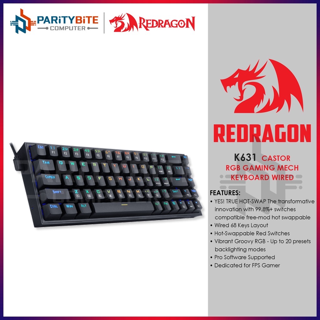 Redragon K631 Castor RGB Detachable Wired Gaming Keyboard, 68 Keys Hot-Swappable Mech. Kboard ...