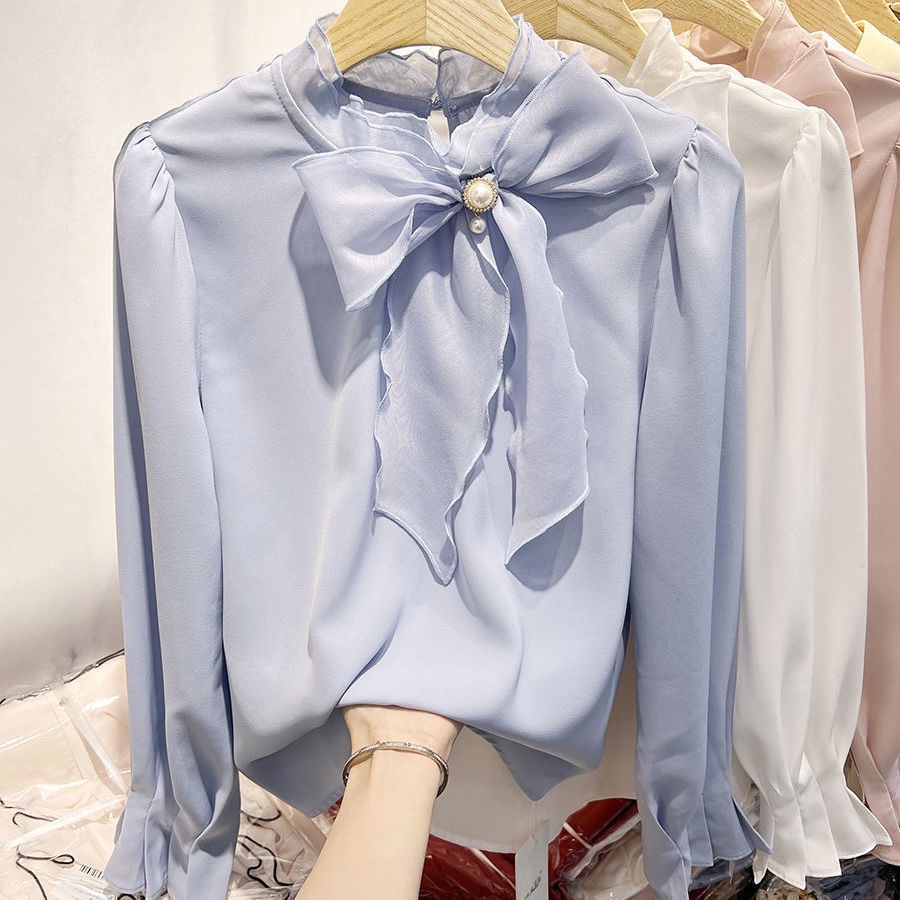 Chiffon Blouse Women's New Solid Color Stand Collar Tie Casual Long ...
