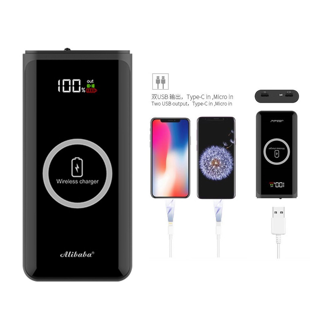 Alilbaba Ali-YJ409A Wireless Power Bank w/ 2USB Cable Type-C & Micro ...