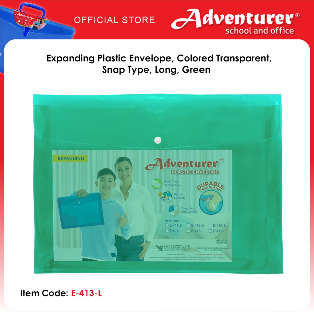 Adventurer Expanding Plastic Envelope, Colored Transparent, Snap Type ...