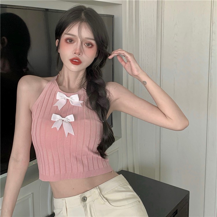 Bow Knot Suspenders Women Summer Outer Wear Halter Short Knitted Vest Sexy Backless Sleeveless